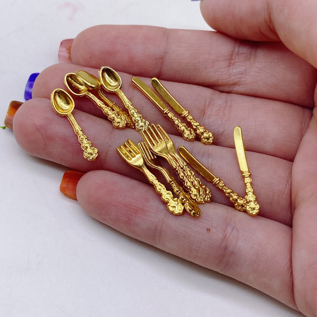 1:12 Scale Miniature Gold Kitchen Utensils, Knives, Forks, Spoons, 12 ...