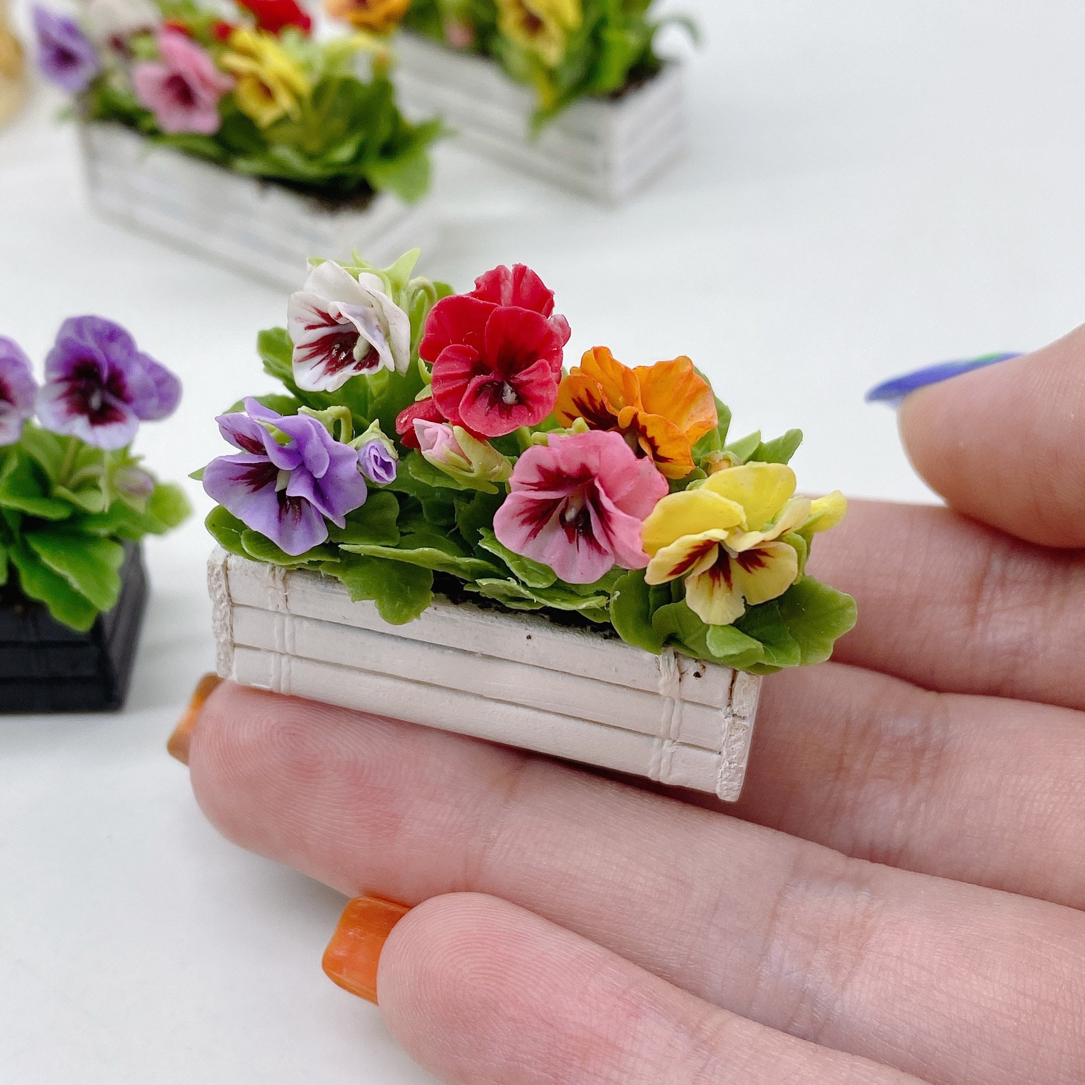 Miniature Clay Pansy in White Wood Box, Dollhouse Fairy Garden 1:12 - Etsy