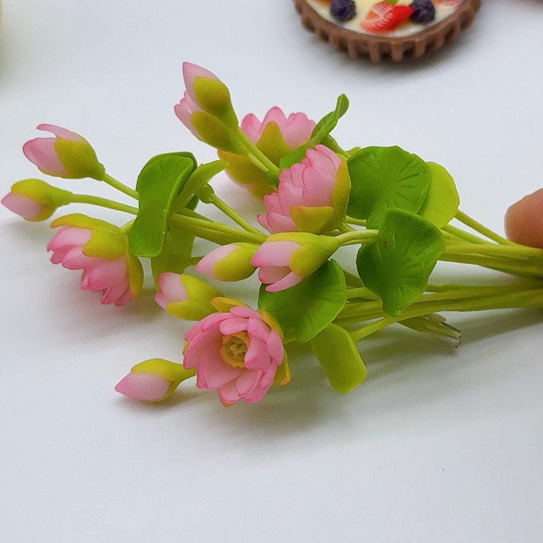 5 Bundles Miniature Lotus Light-pink Made Clay, Miniature Flower ...
