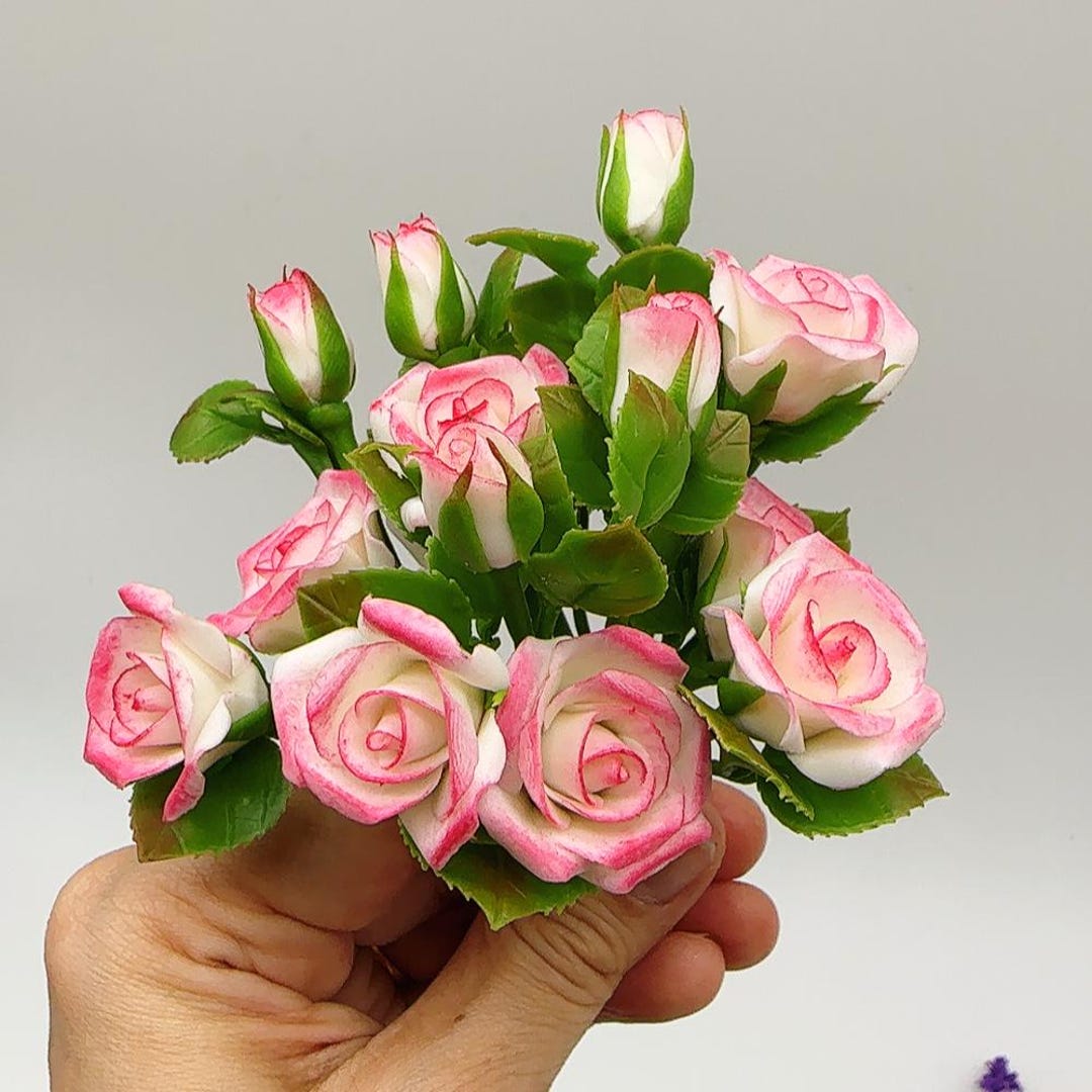 5 Bouquet Miniature White Pink Rose Clay Polymer, Miniature Flower ...