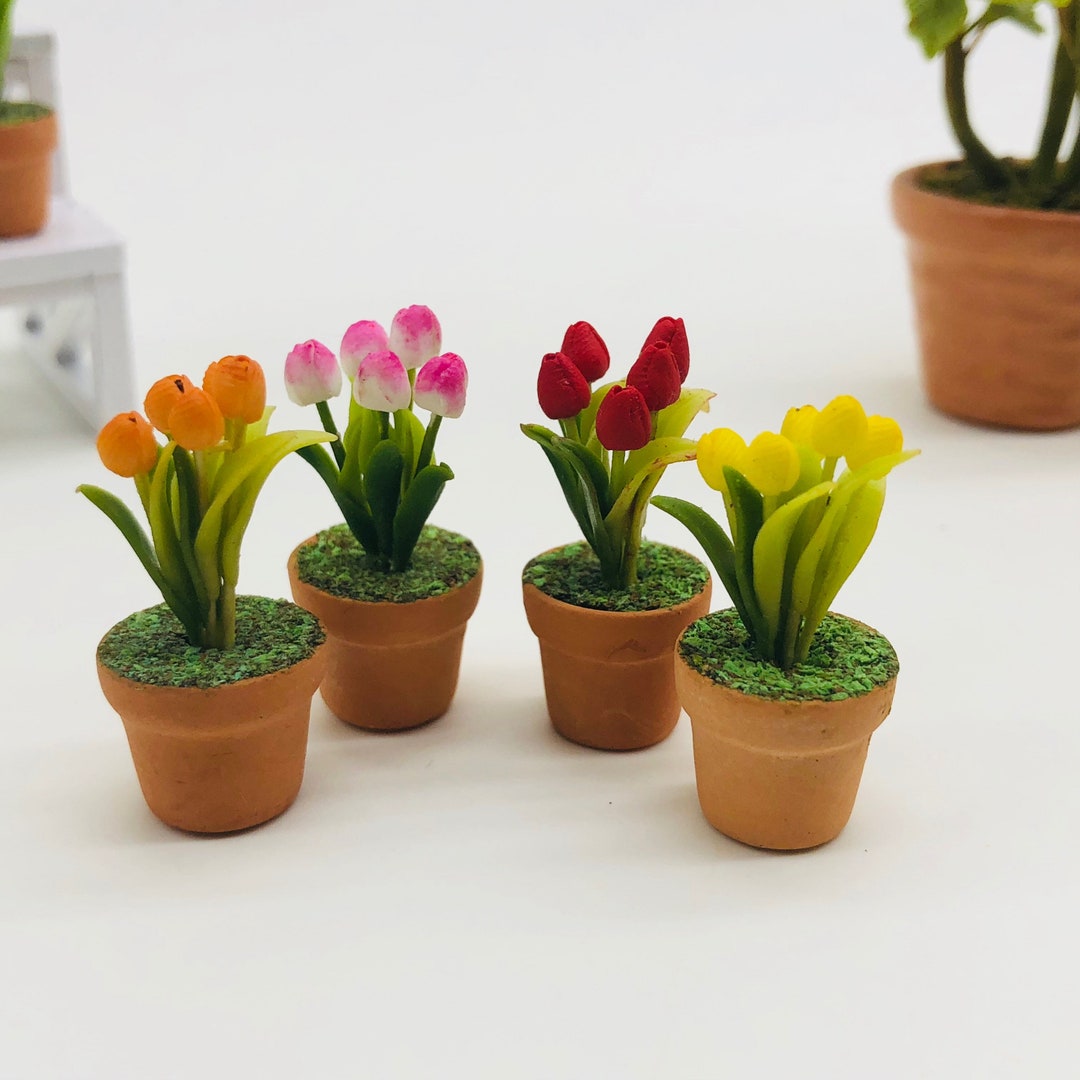 4 Pieces Miniature Tulip 4 Color in Pot, Miniature Pot,dollhouse Flower ...