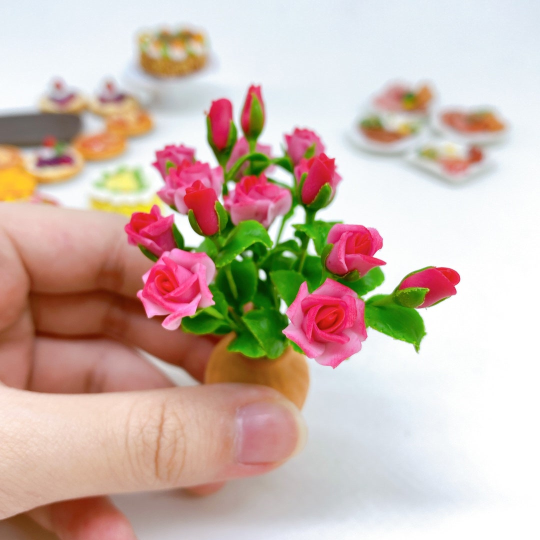 5 Pieces Miniature Rose Pink Color, Miniature Garden Dollhouse Size S ...