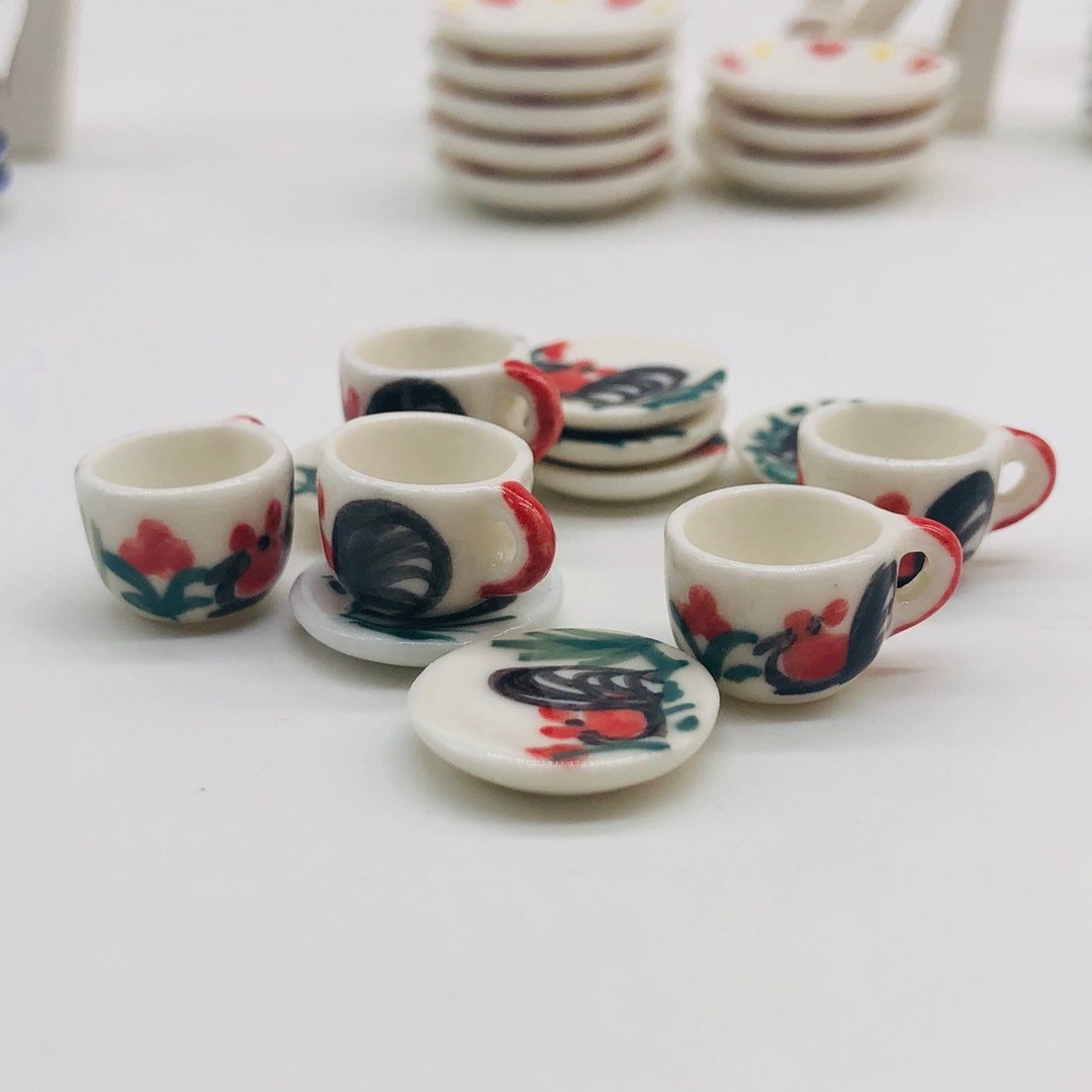 4 Set Miniature Roster Paint Ceramic Cup With Saucer, Miniature Ceramic ...