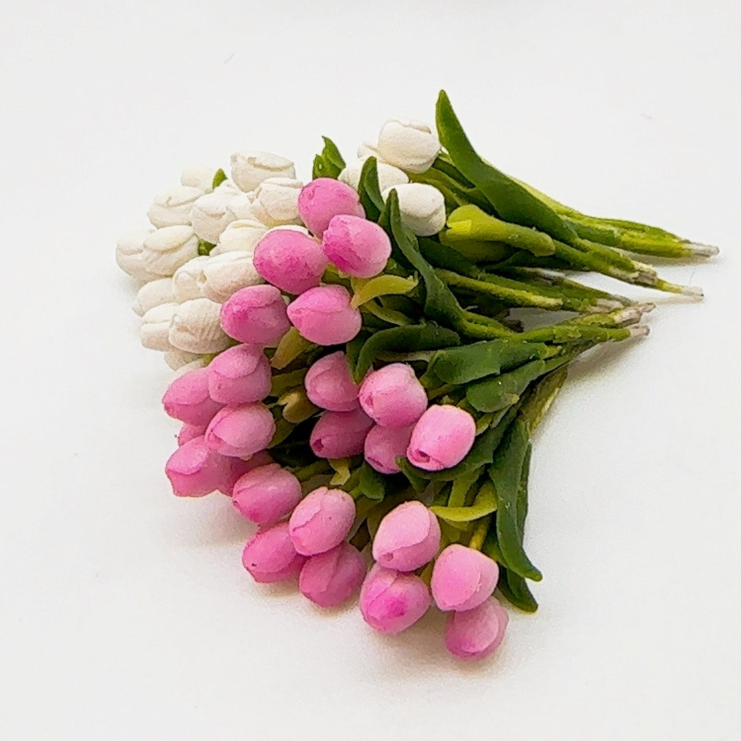 Miniature Tulip Bouquet, Tiny Clay Flowers, Dollhouse Garden Decor, 1: ...