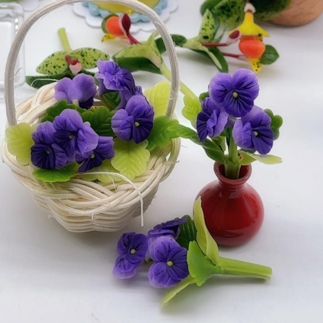 5 Pieces Miniature Purple Pansy Made Clay Polymer, Miniature Decorate ...