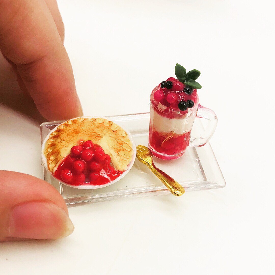Set Miniature Cherry Puff With Beverage, Miniature Fruit Cake,miniature ...