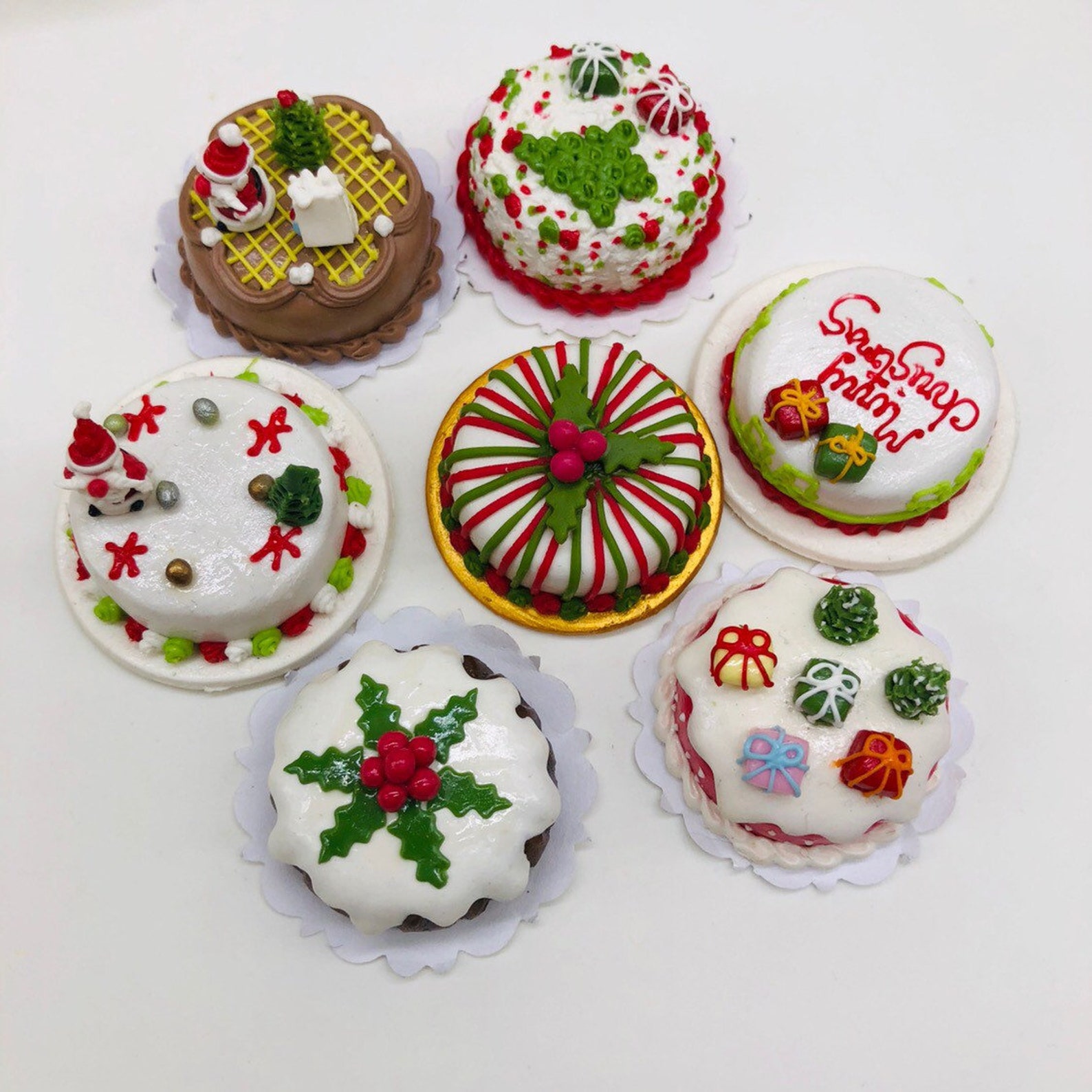 7 Pieces Miniature Christmas Cake, Fake Cake Made Clay Polymer Decorate ...