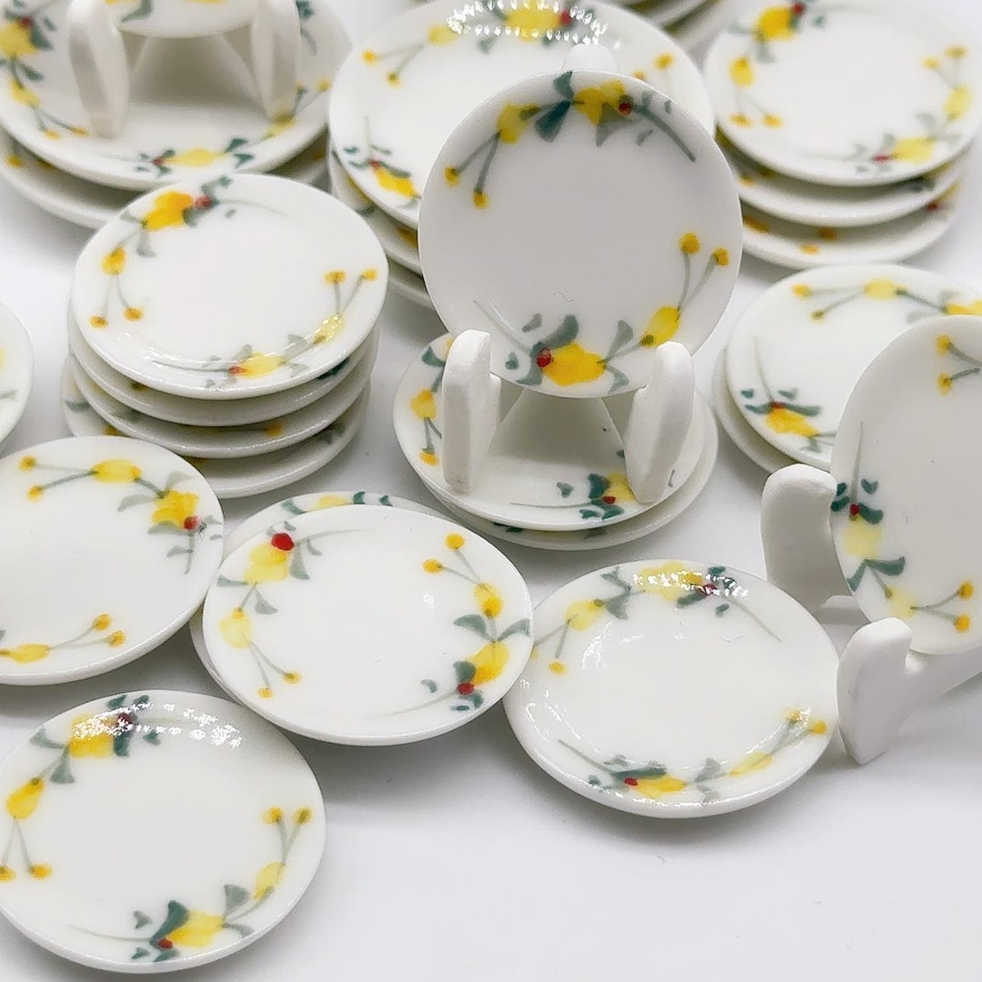 Miniature Ceramic Plates: Yellow Floral Dollhouse Decor (10 Pieces, 25 ...