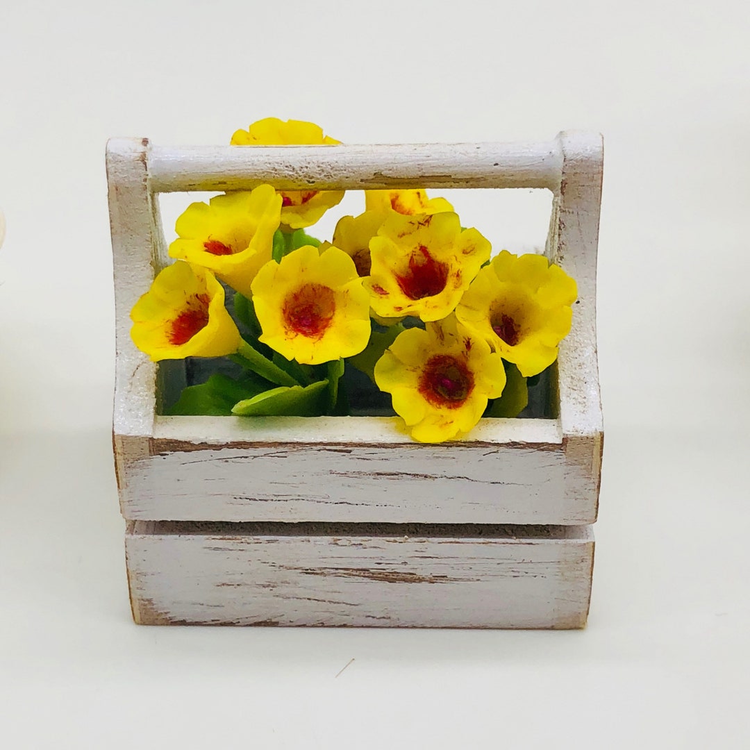 3 Pieces Miniature Flower Within Wood Vintage Basket,miniature Garden ...