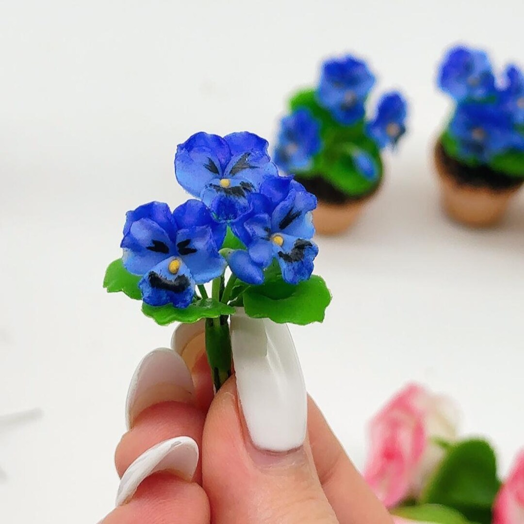 2 Pieces Miniature Blue Pansy Flower Pot - Polymer Clay Dollhouse ...