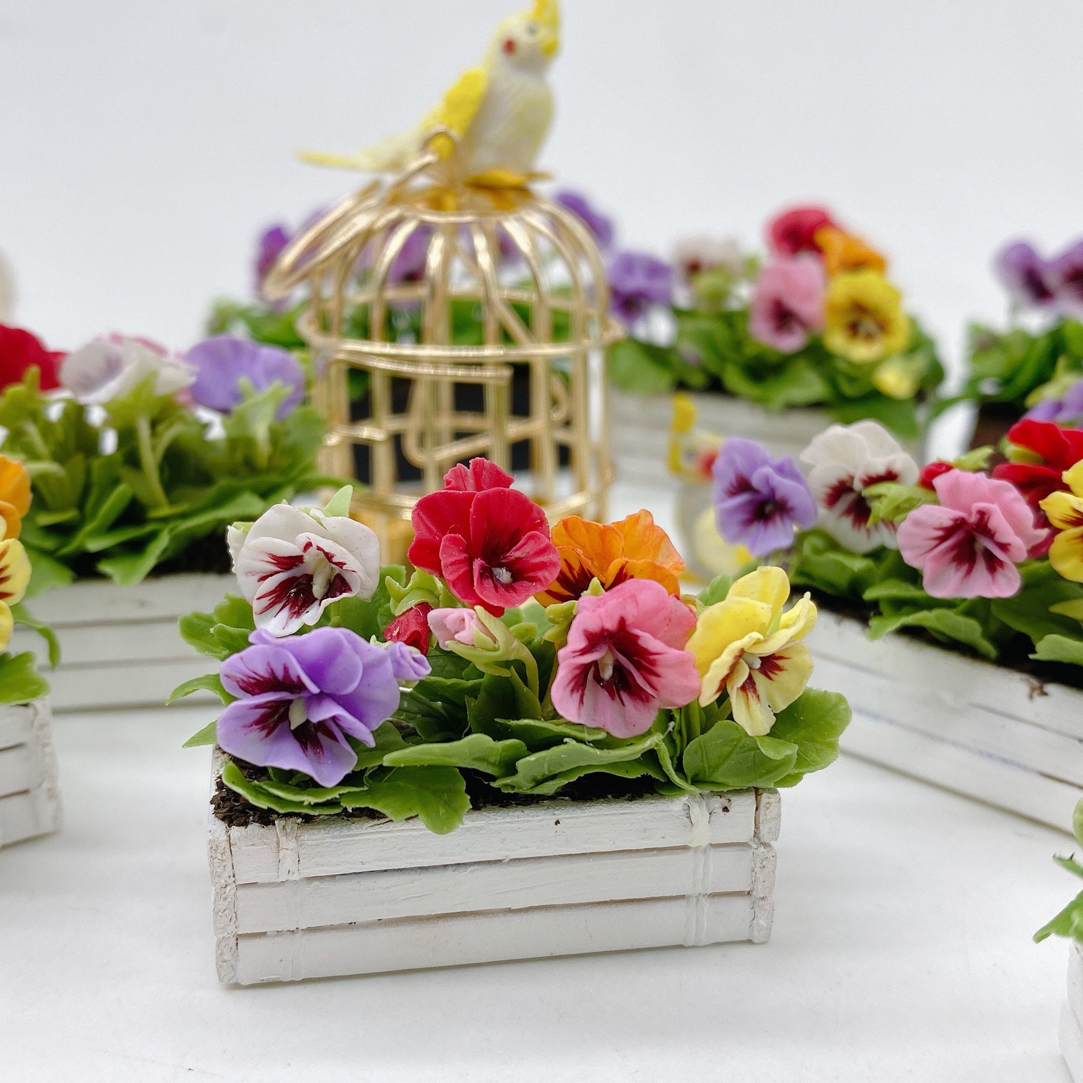 Miniature Clay Pansy in White Wood Box, Dollhouse Fairy Garden 1:12 - Etsy
