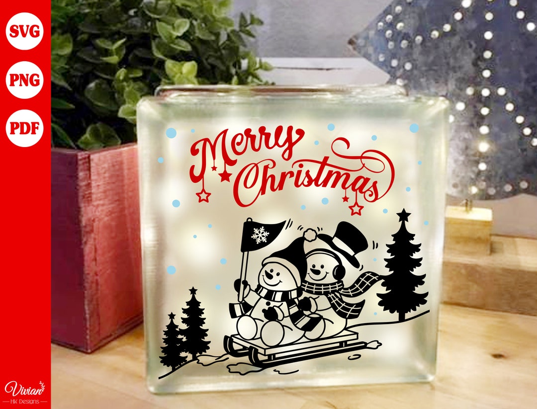 Merry Christmas, 2 Snowman on Sled, Tree, Christmas Sign, Glass Block ...