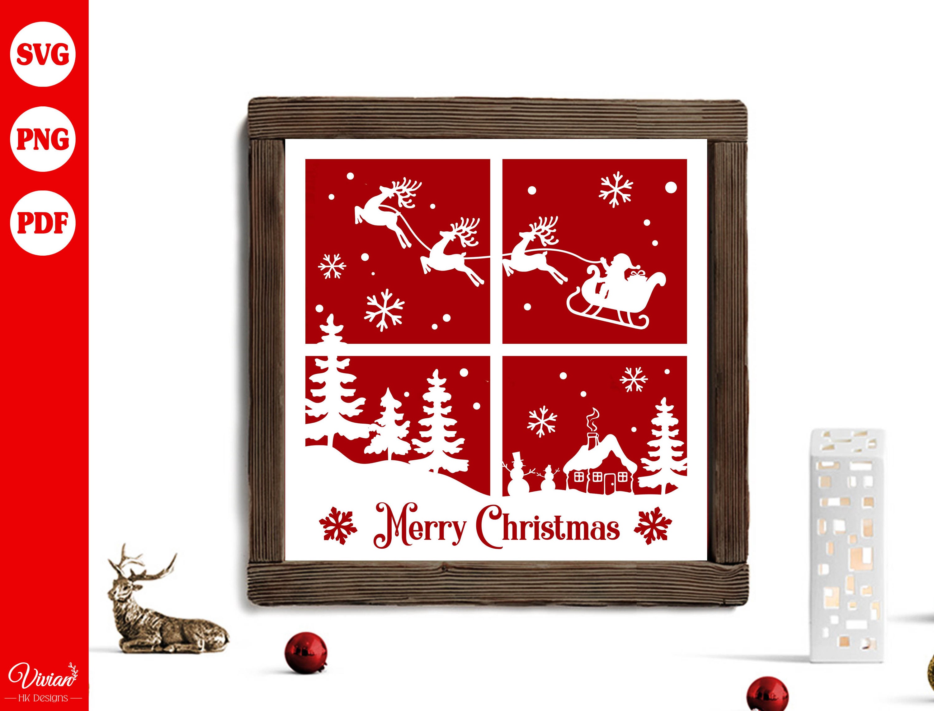 Merry Christmas, Deer Santa Sleigh, Window, Christmas Sign, Glass Block ...