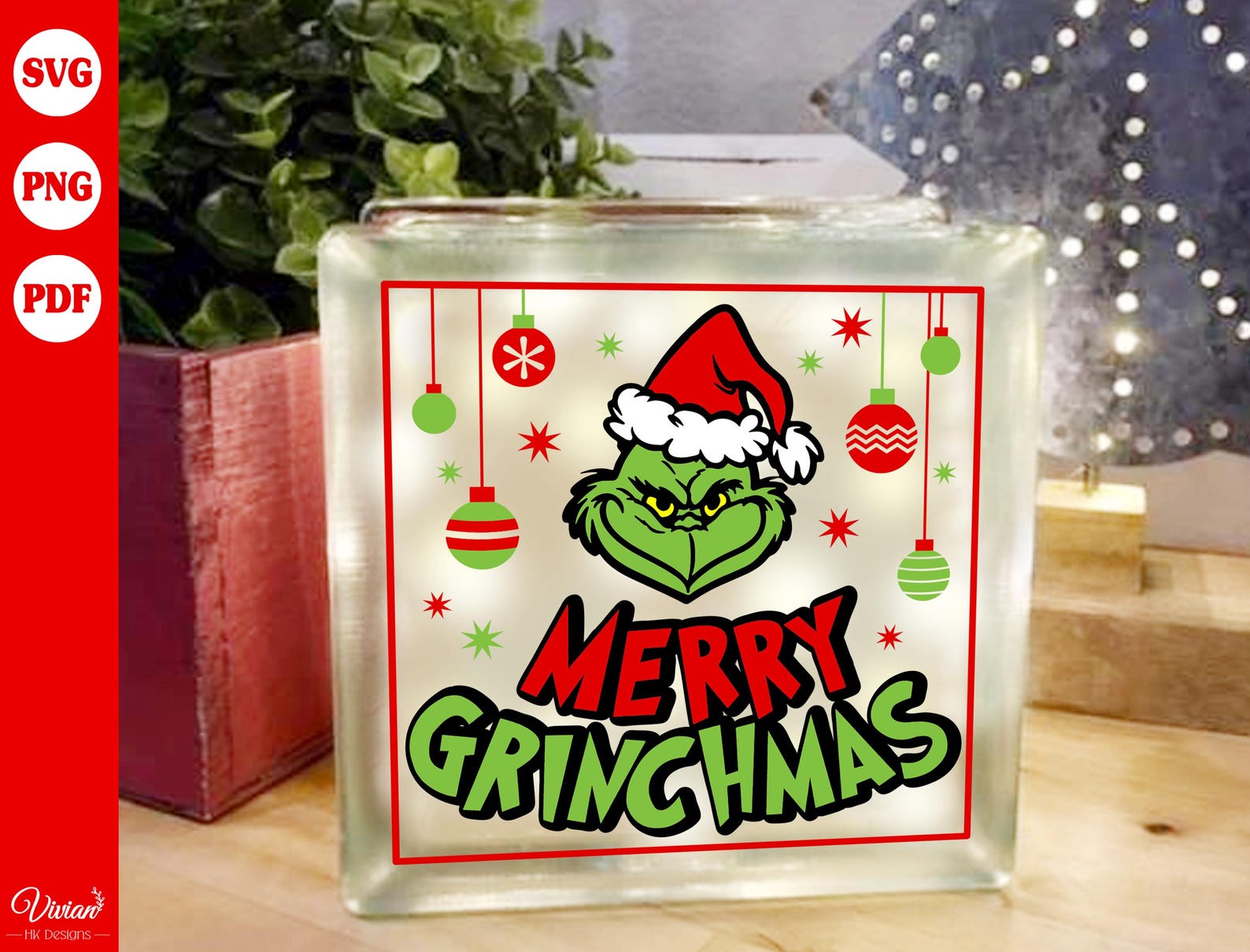 Merry Grinchmas, Hanging Ornament, Christmas Sign, Glass Block, Image ...
