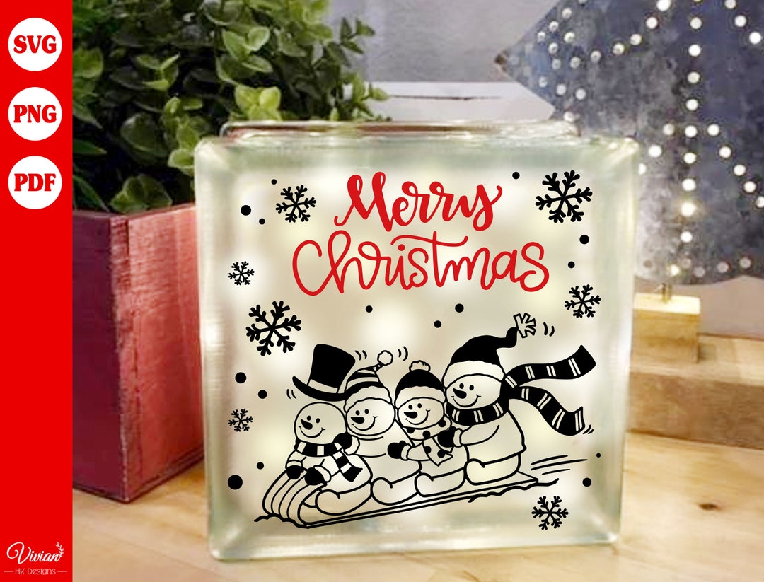 Merry Christmas, 4 Snowman Sled, Christmas Sign, Glass Block, Image ...