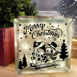 Merry Christmas, 2 Snowman on Sled, Tree, Christmas Sign, Glass Block ...