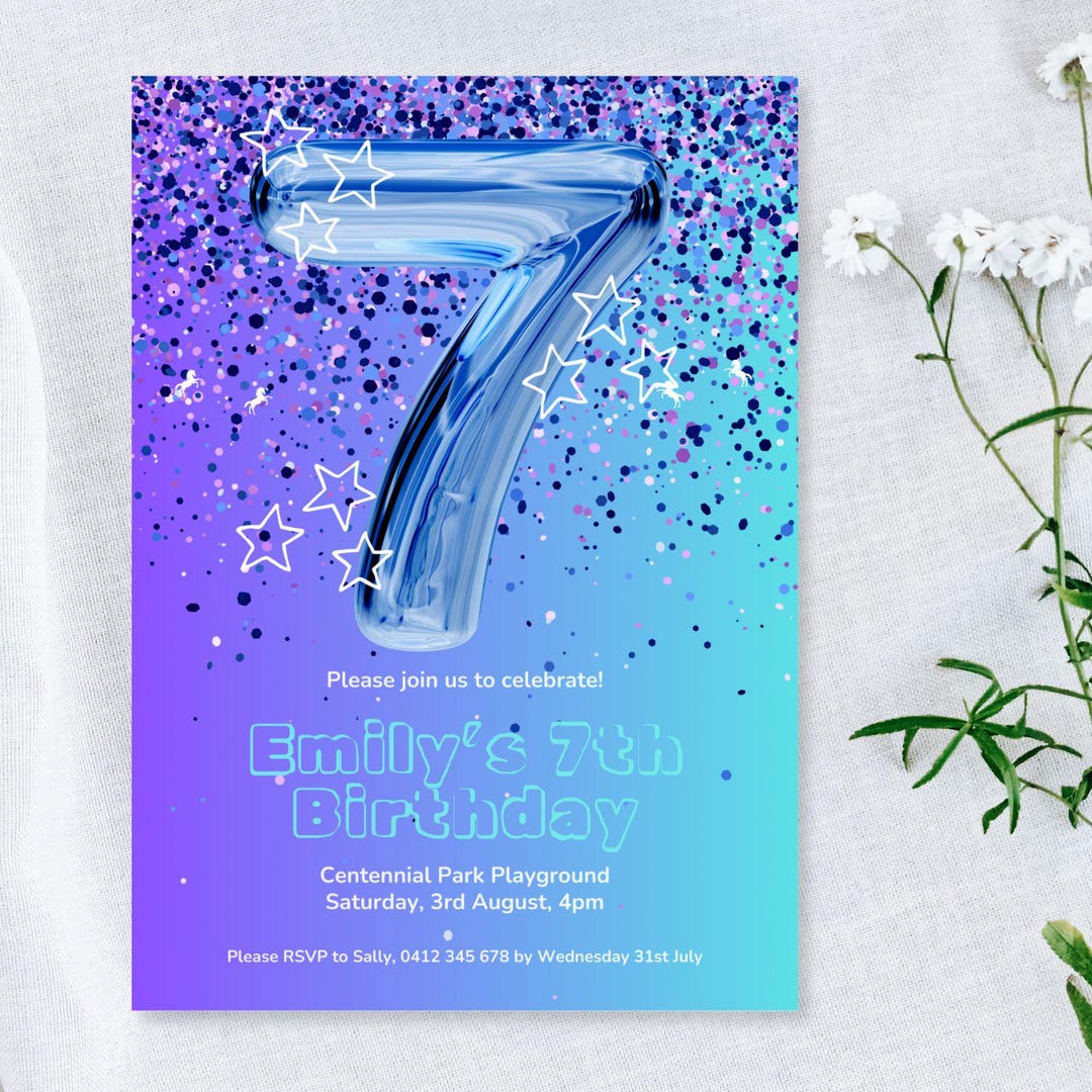 Personalized Glitter 7th Birthday Invitation (digital Download) - Etsy