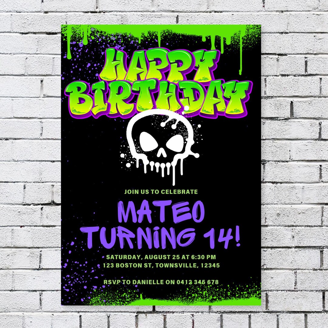 Black Graffiti Birthday Invitation: Personalized Street Art (JPEG, PDF ...