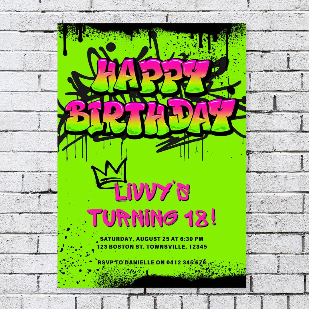 Green Graffiti Birthday Invitation: Personalized Street Art (JPEG & PDF ...