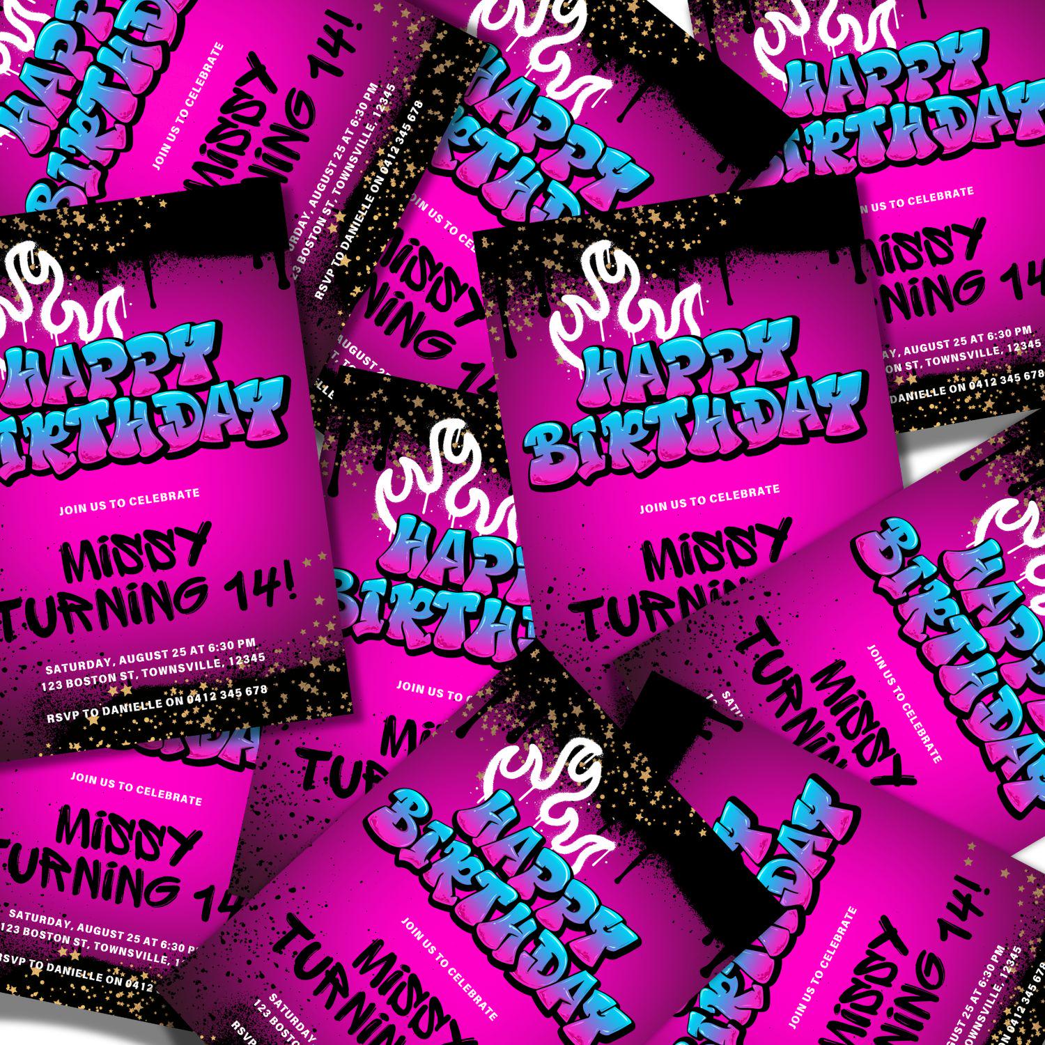 Pink Graffiti Birthday Invitation: Personalized Street Art (JPEG, PDF ...