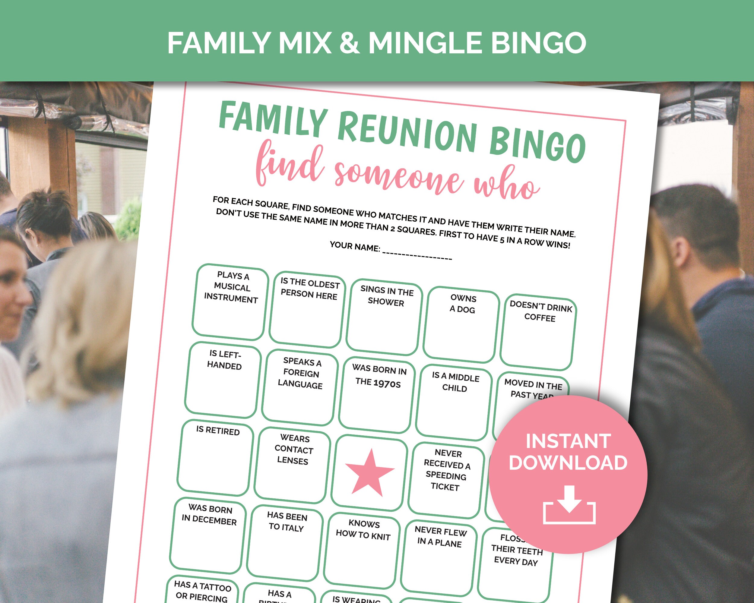 Family Reunion Bingo Game, Find the Guest Game, Mix and Mingle Bingo ...