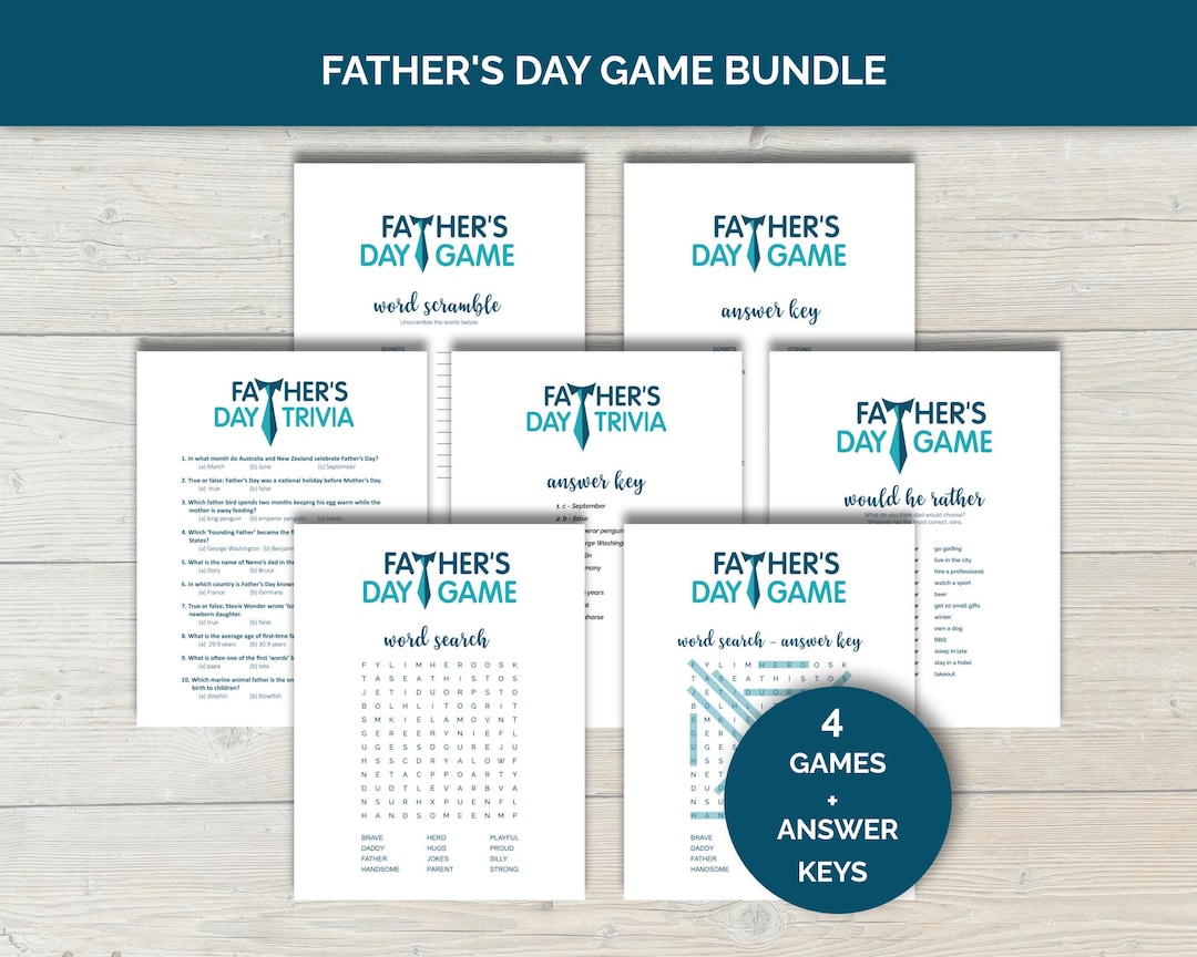 Father's Day Game Bundle Incl. Father's Day Trivia, Word Search, Word ...