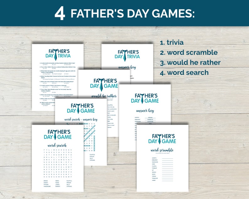 Father's Day Game Bundle Incl. Father's Day Trivia, Word Search, Word ...