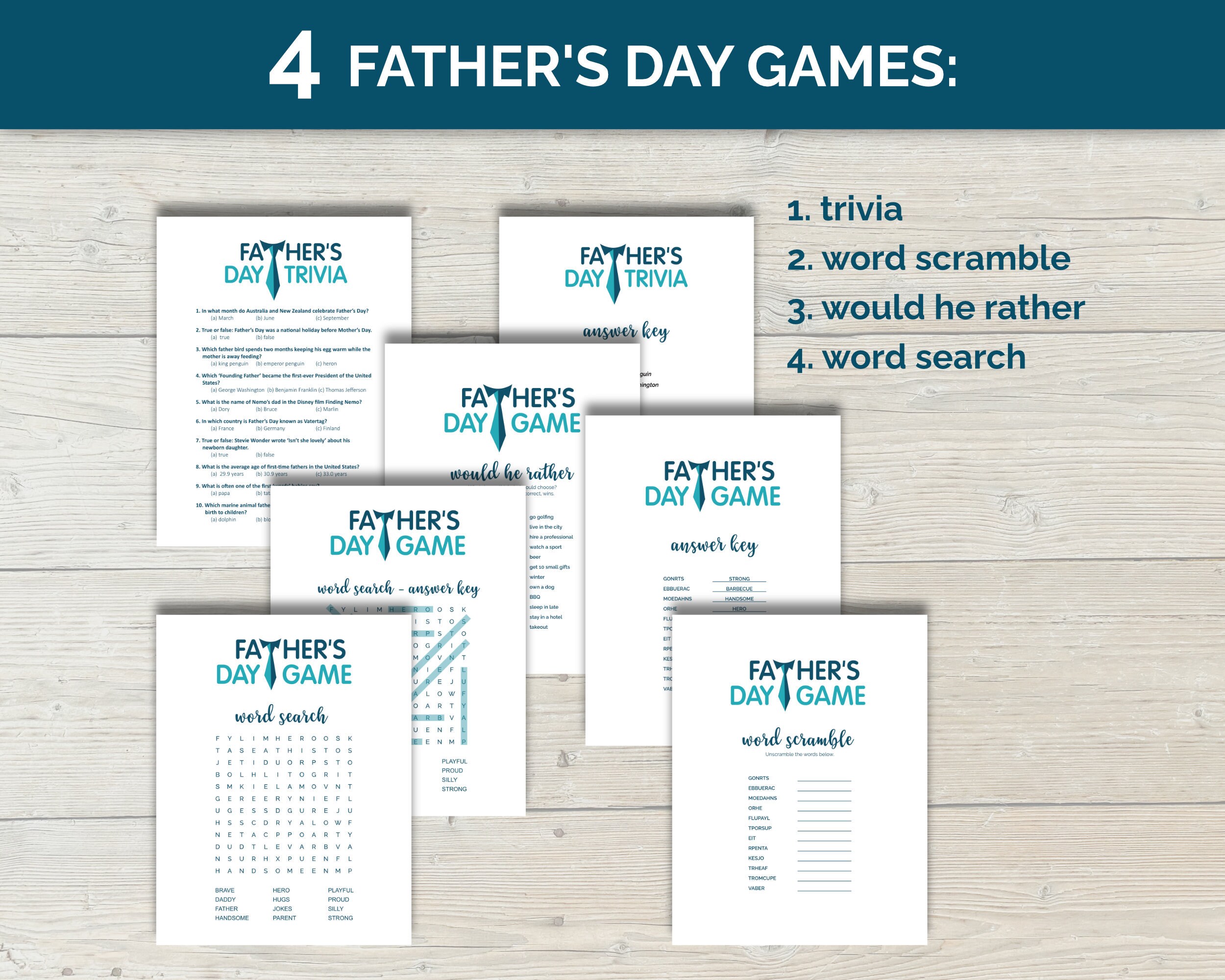 Father's Day Game Bundle Incl. Father's Day Trivia, Word Search, Word ...