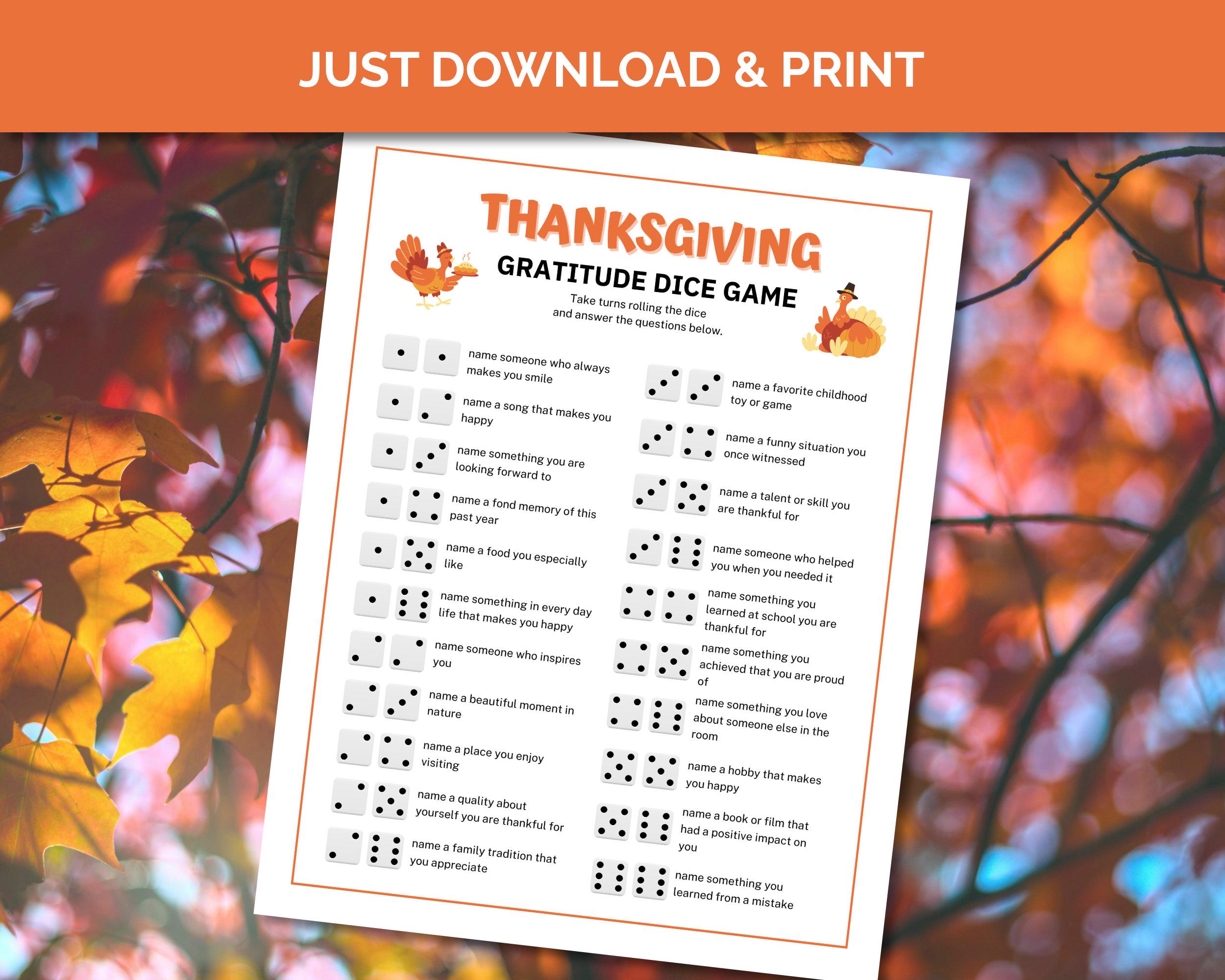 Thanksgiving Dice Game, Answer the Gratitude Prompts as a Family ...