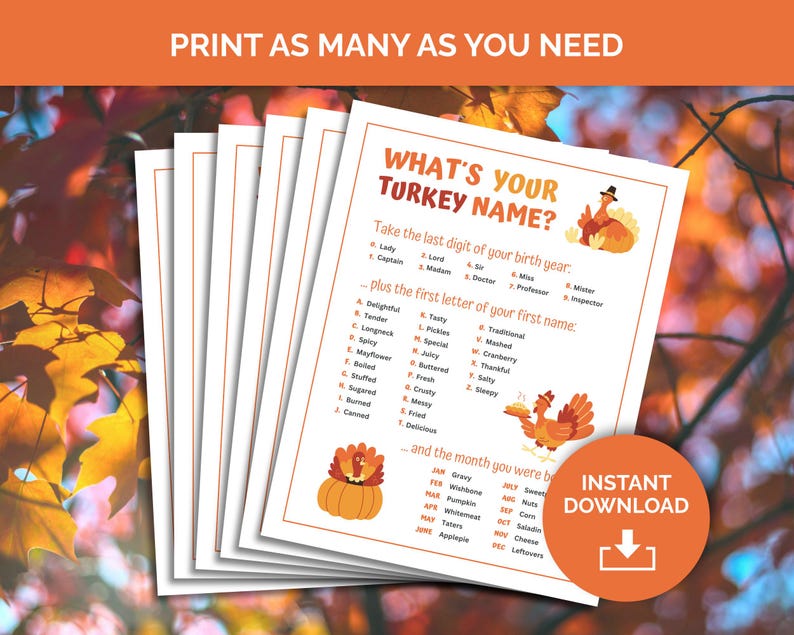Turkey Name Game, What's Your Turkey Name, Play as a Family ...