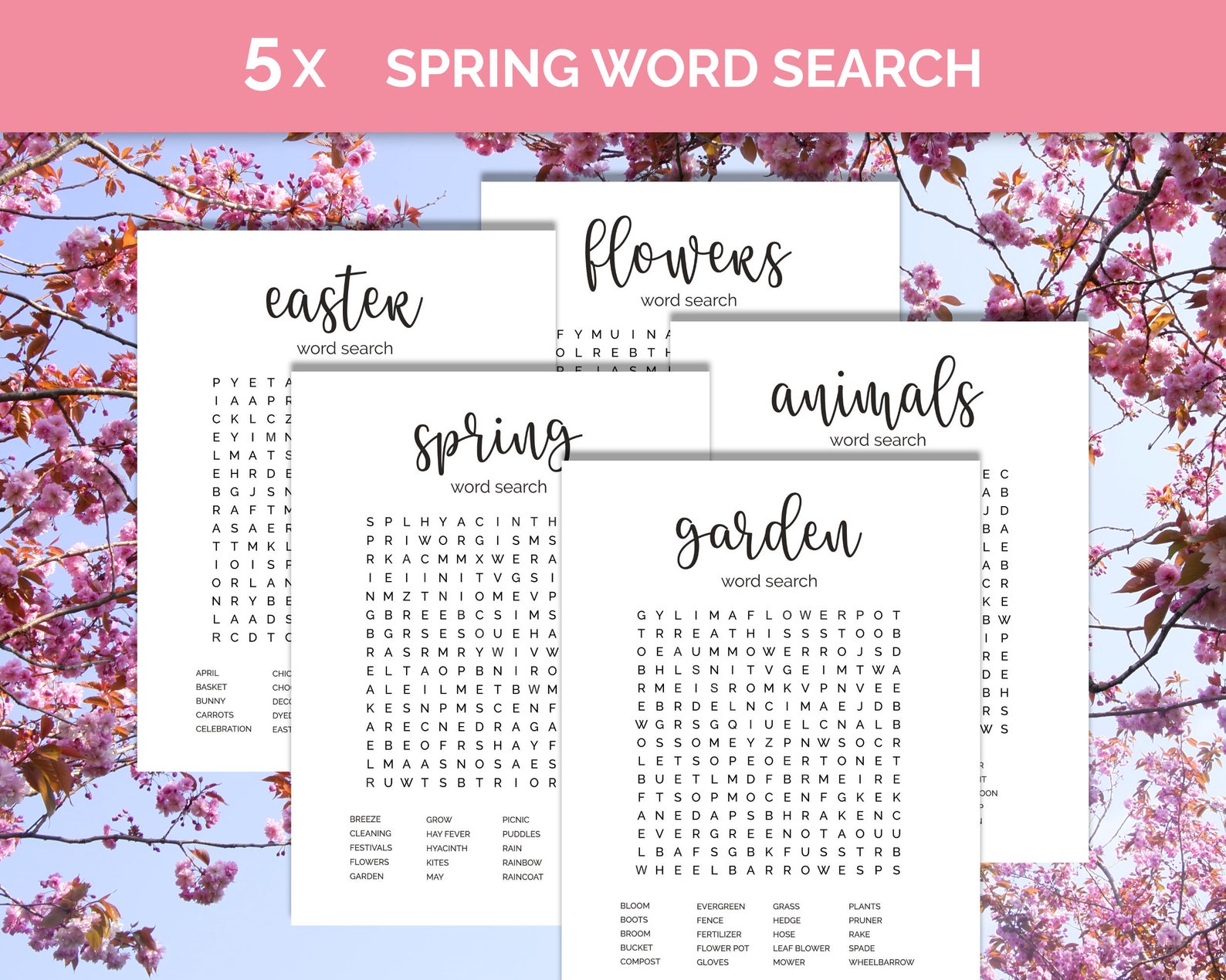 Set of 5 Spring Themed Word Search Puzzles, Printable Game Bundle ...