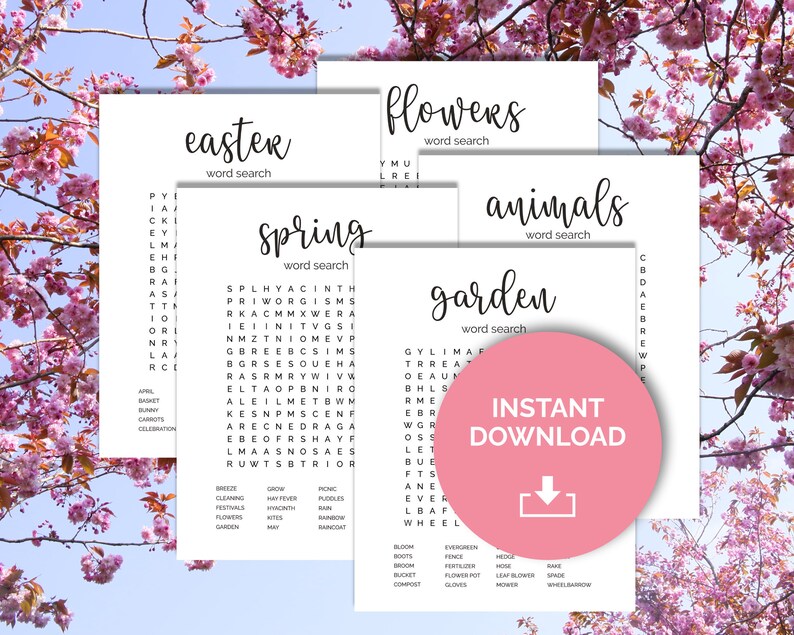 Set of 5 Spring Themed Word Search Puzzles, Printable Game Bundle ...