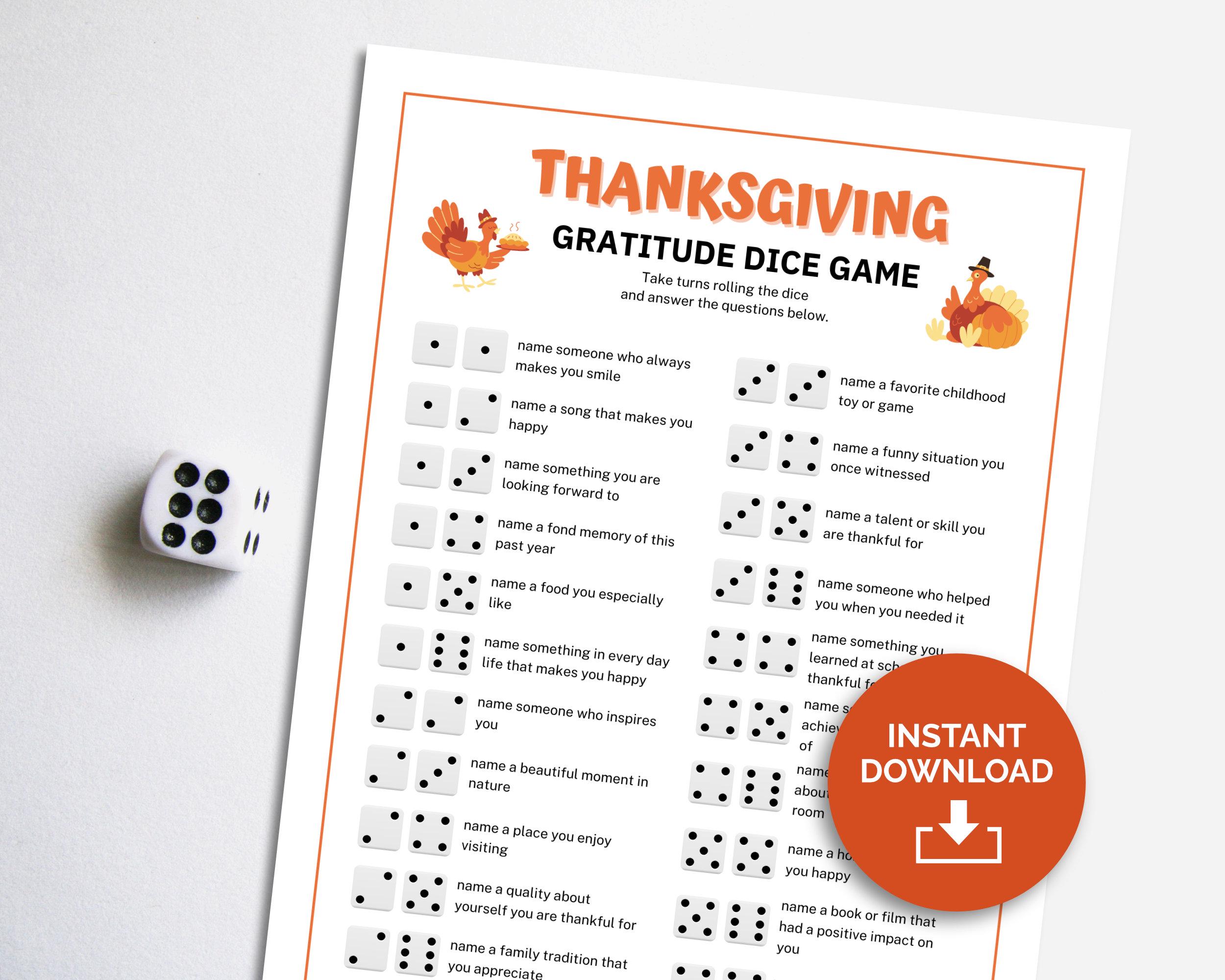 Thanksgiving Dice Game, Answer the Gratitude Prompts as a Family ...