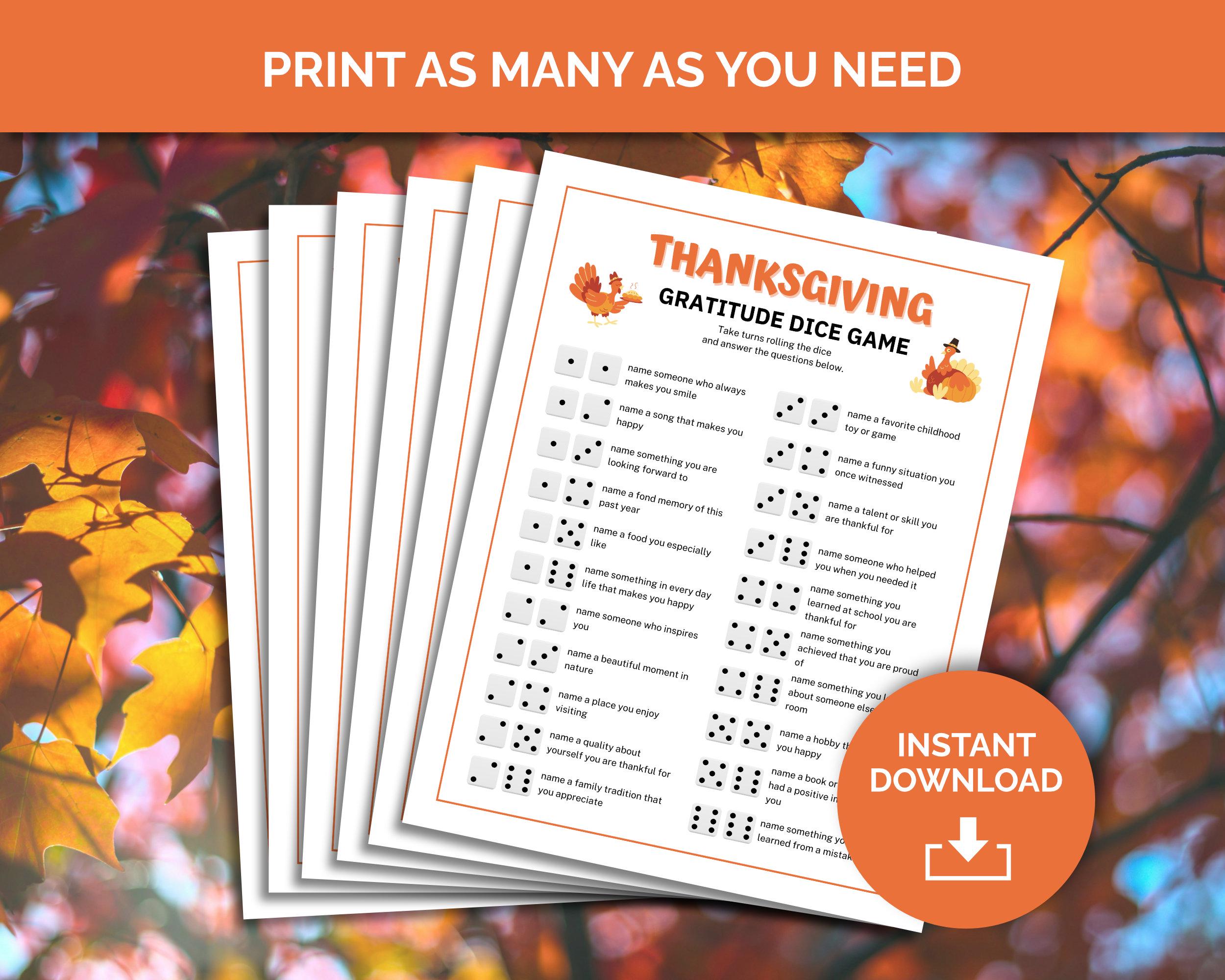 Thanksgiving Dice Game, Answer the Gratitude Prompts as a Family ...