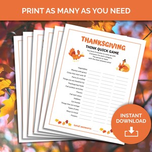 Thanksgiving Think Quick Game, Play as a Family Thanksgiving Game, Fun ...