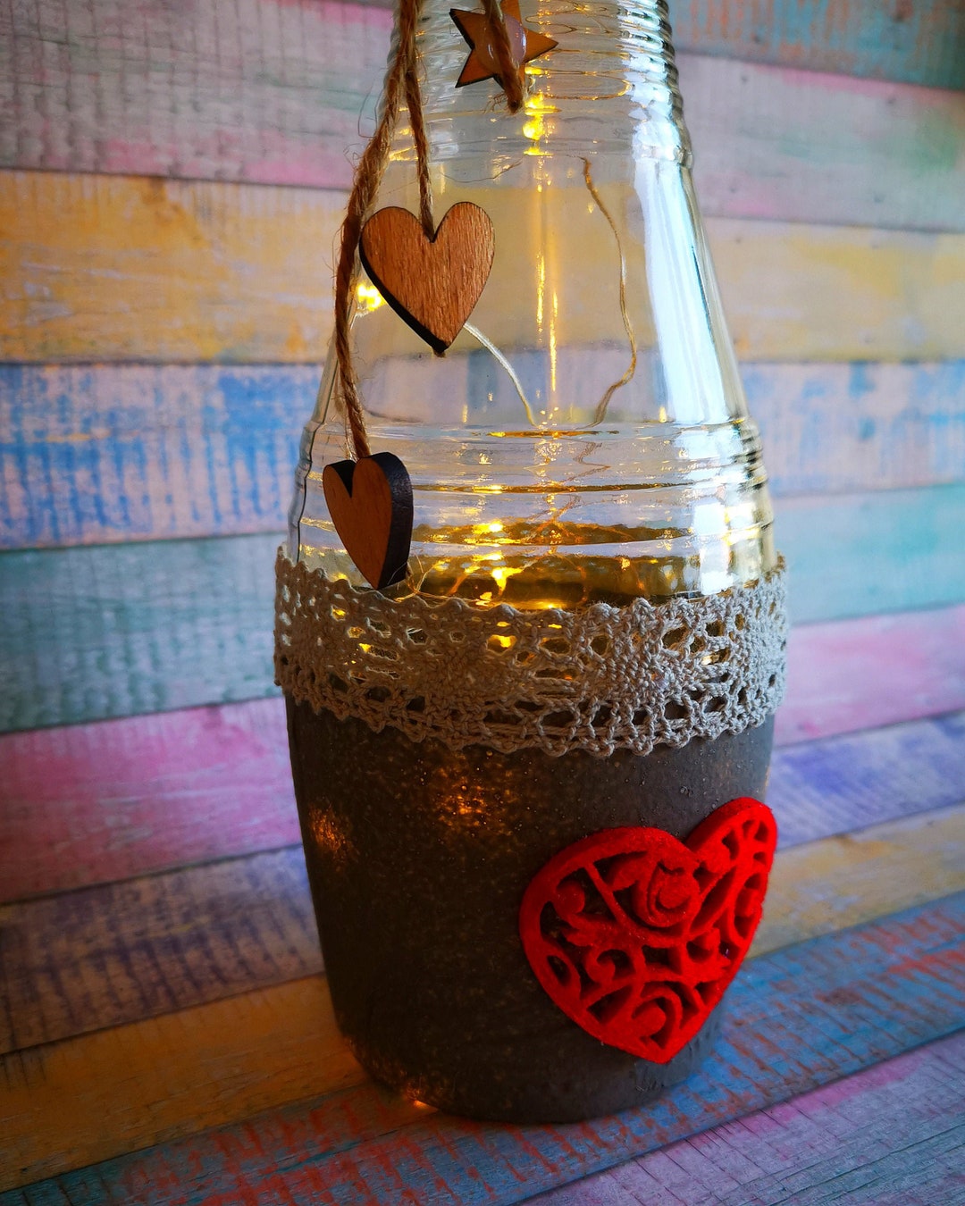 Botella deco iluminada con encaje corazón estrella deco botella luz ...