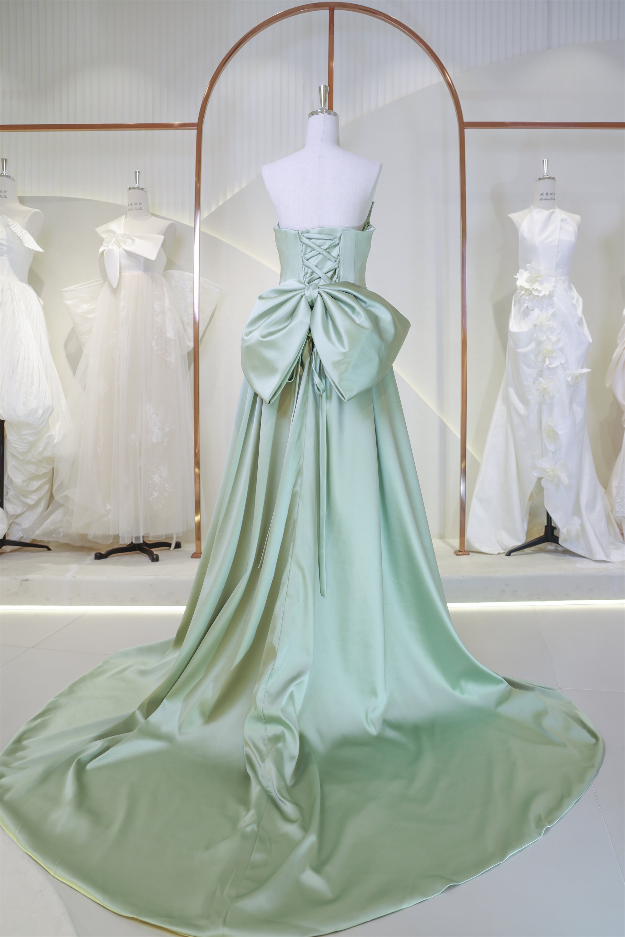 Light Sage Green Satin Wedding Dress Sage Bridal Dress With Back Bow ...