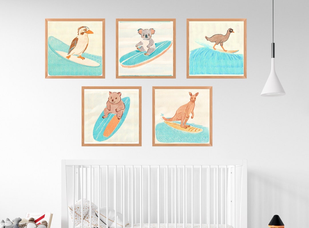Australian Animals Surfing Wall Art, Nursery Art, Pencil Illustration ...