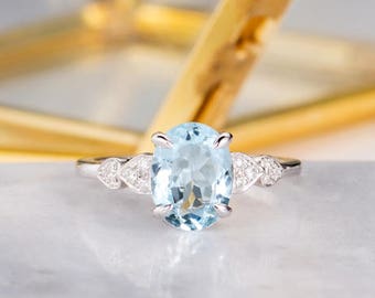 White Gold Aquamarine Engagement Ring Bridal Ring Solitaire | Etsy