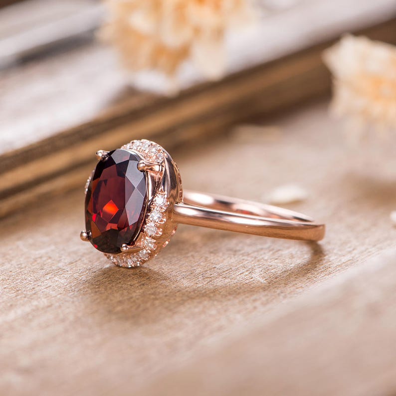 Garnet Engagement Ring Rose Gold January Birthstone Diamond Oval Cut ...