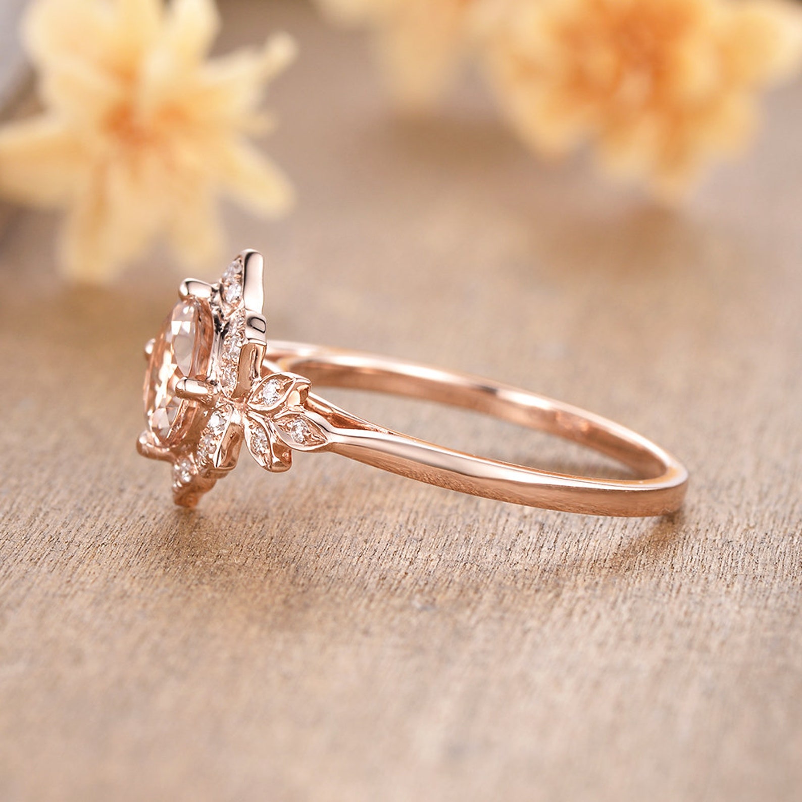 Antique Morganite Engagement Ring Rose Gold Flower Diamond | Etsy