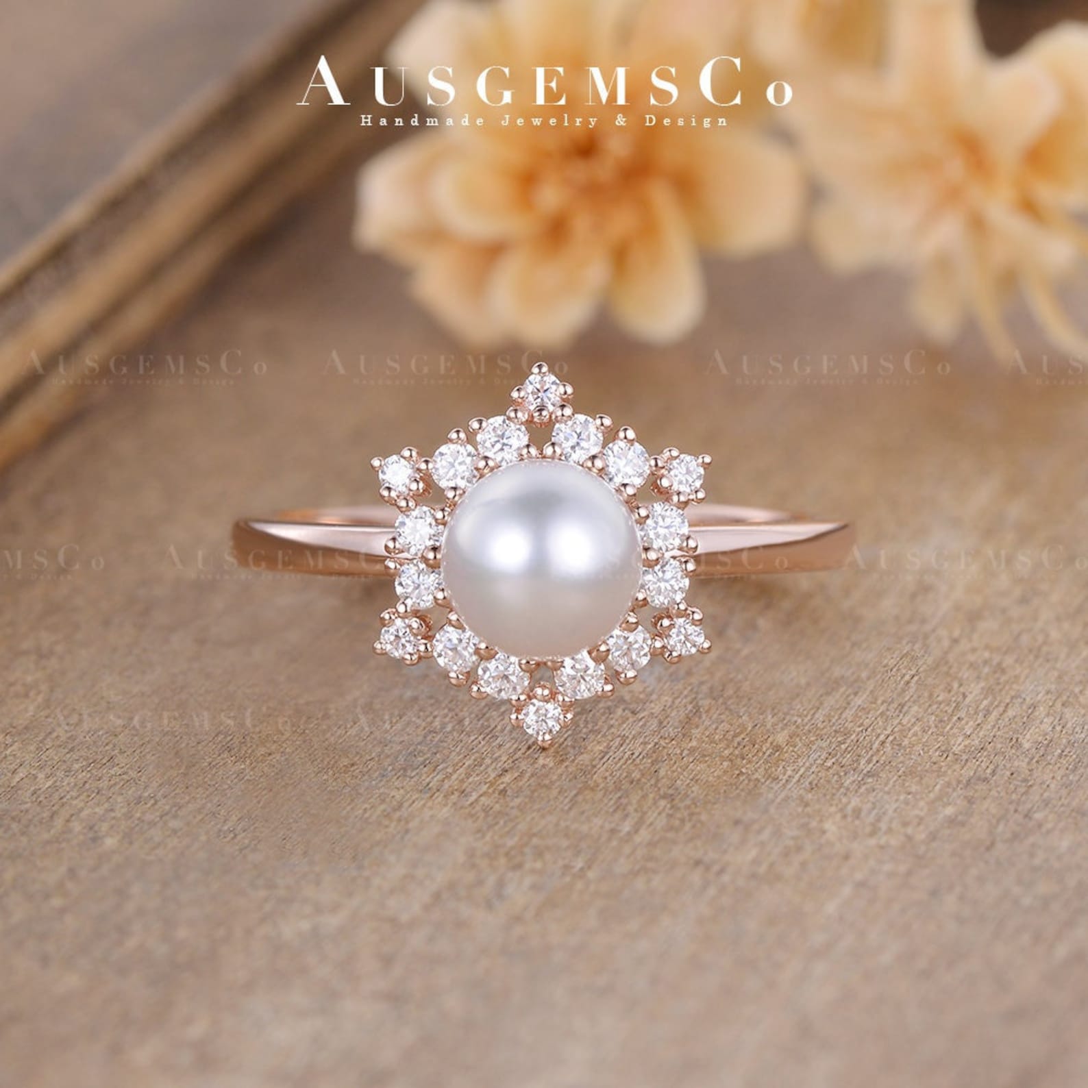 Vintage Akoya Pearl Engagement Ring Set Halo Moissanite Flower Bridal ...
