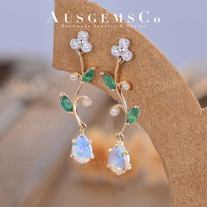 Natural Australian Opal Drop Earring, Vine Marquise Natural Emerald ...
