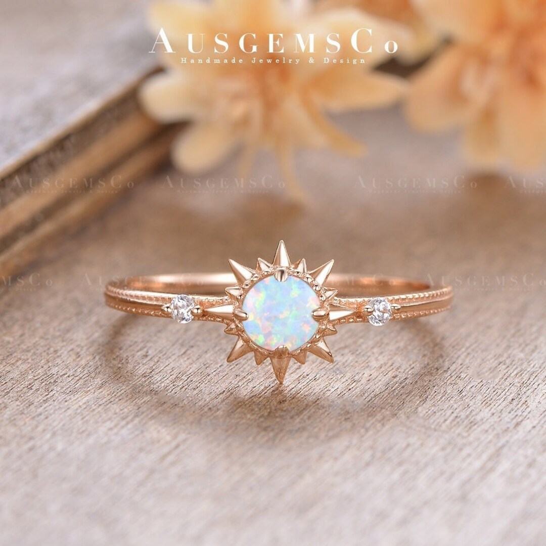 Sun Engagement Ring Opal Wedding Ring Rose Gold Dainty Ring Vintage ...