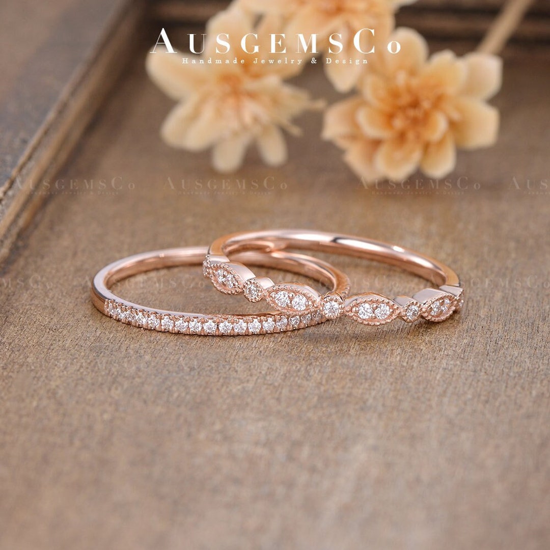 Vintage Rose Gold Wedding Band Women Art Deco Diamond Dainty - Etsy