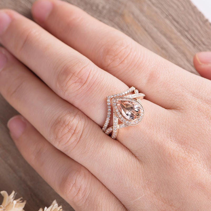 Pear Shaped Engagement Ring Rose Gold Morganite Ring Set | Etsy