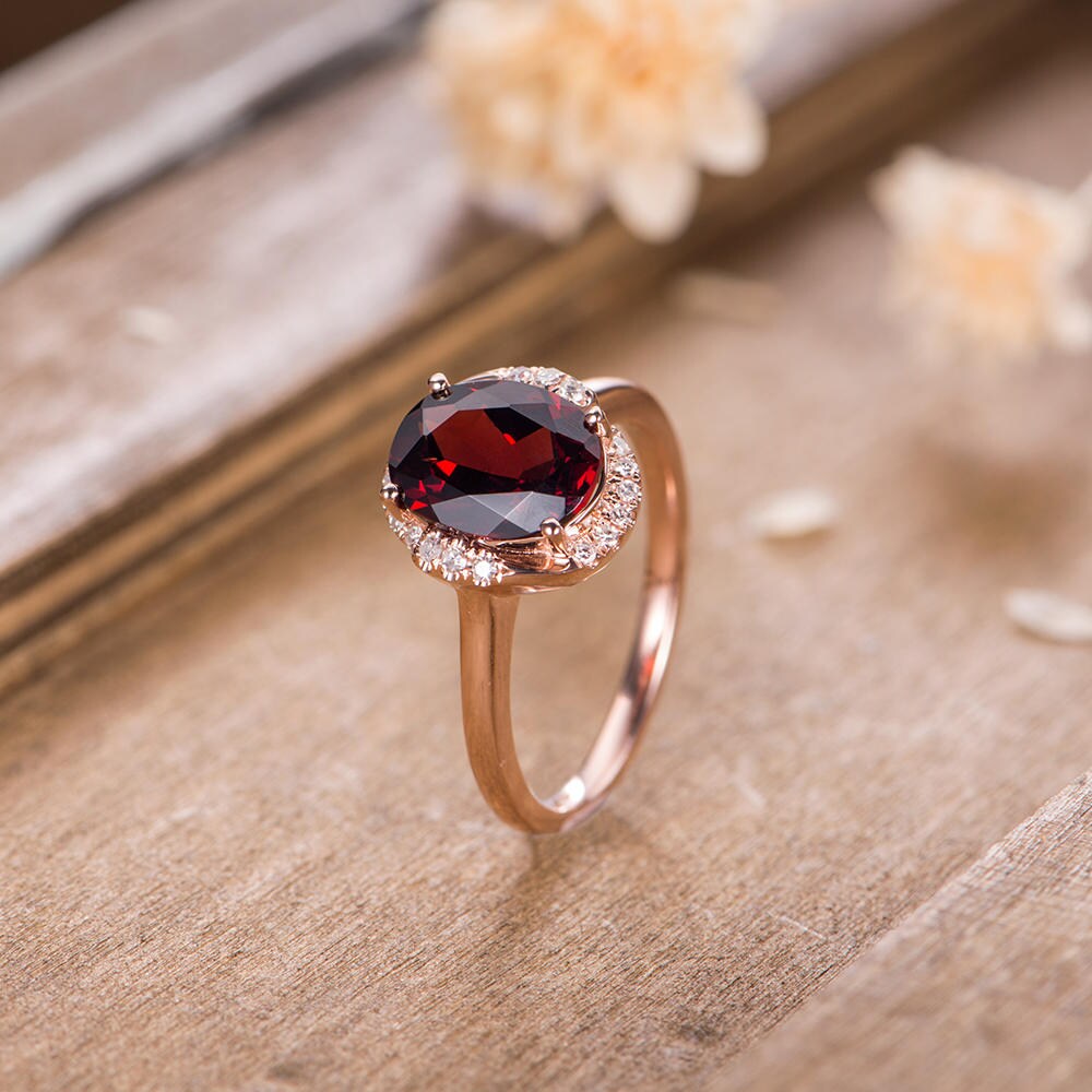 Garnet Engagement Ring Rose Gold January Birthstone Diamond Oval Cut ...