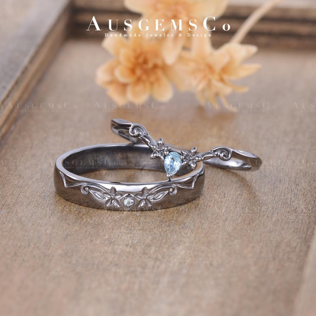 Unique Black Gold Couple Rings Set Vine Leaf Wedding Rings Pear Cut ...
