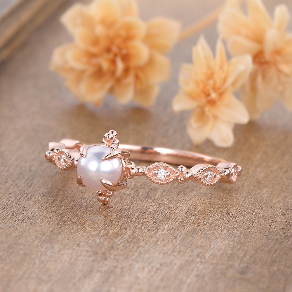 Pearl Engagement Ring Rose Gold Round Cut Unique Solitaire Diamond ...