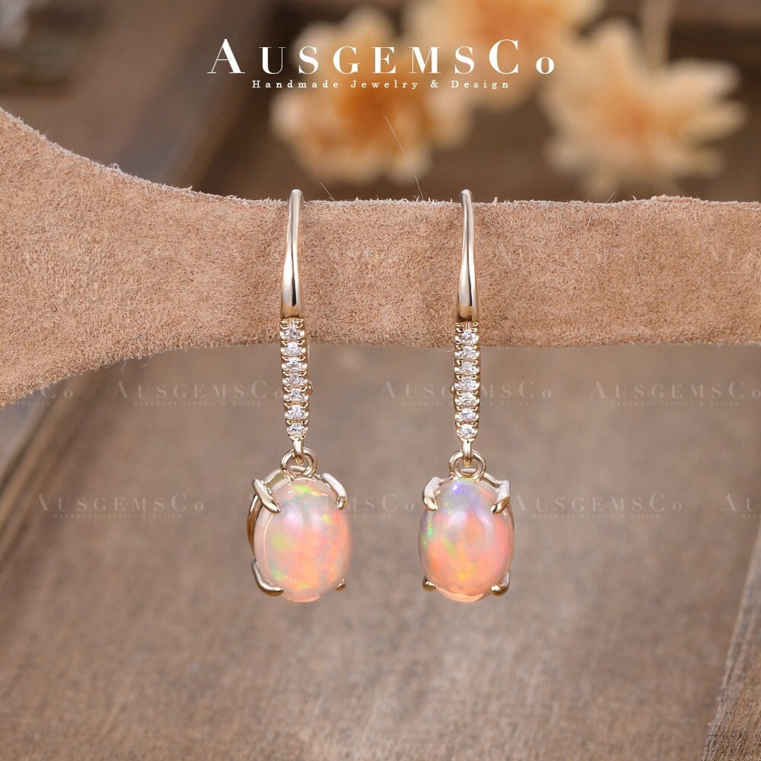 Vintage Natural Opal Earrings Yellow Gold Diamond Drop Earrings Women ...